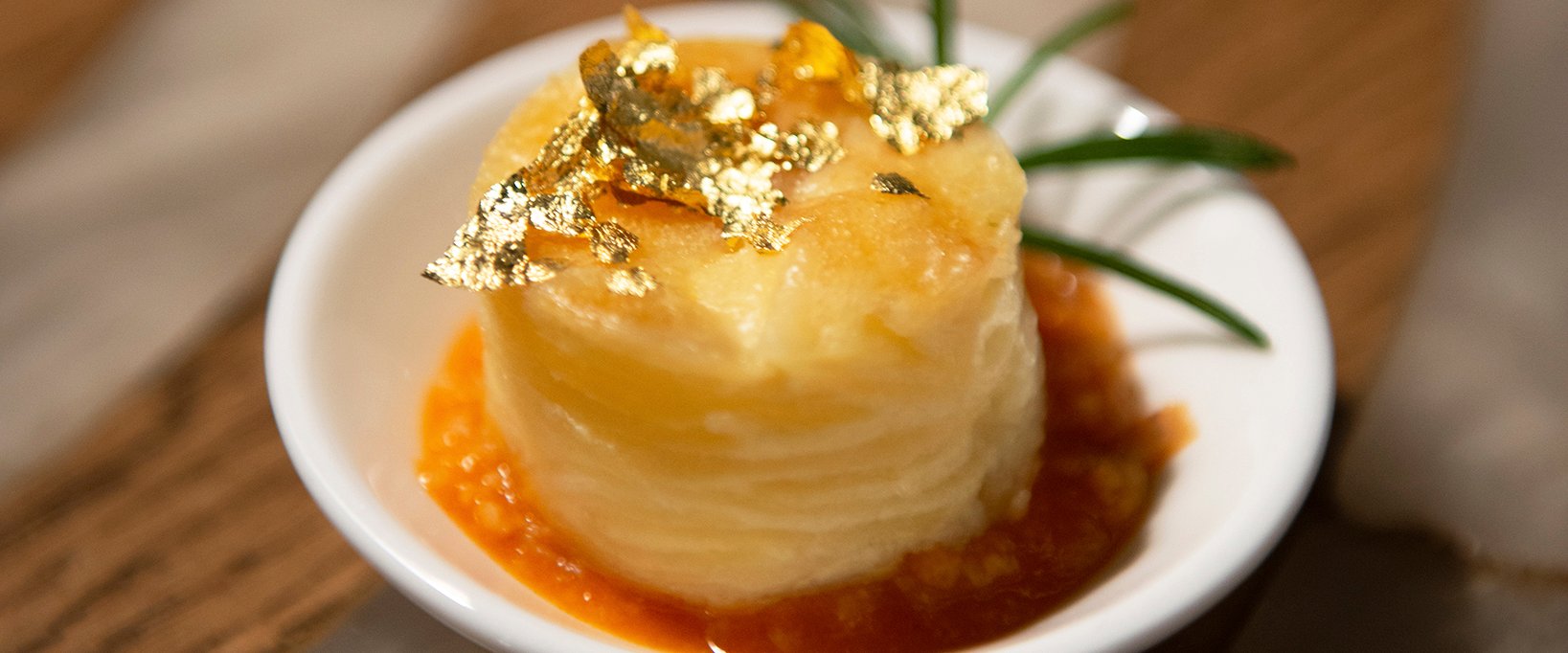 Potato mille-feuilles with edible gold recipe | Gold Chef Manetti